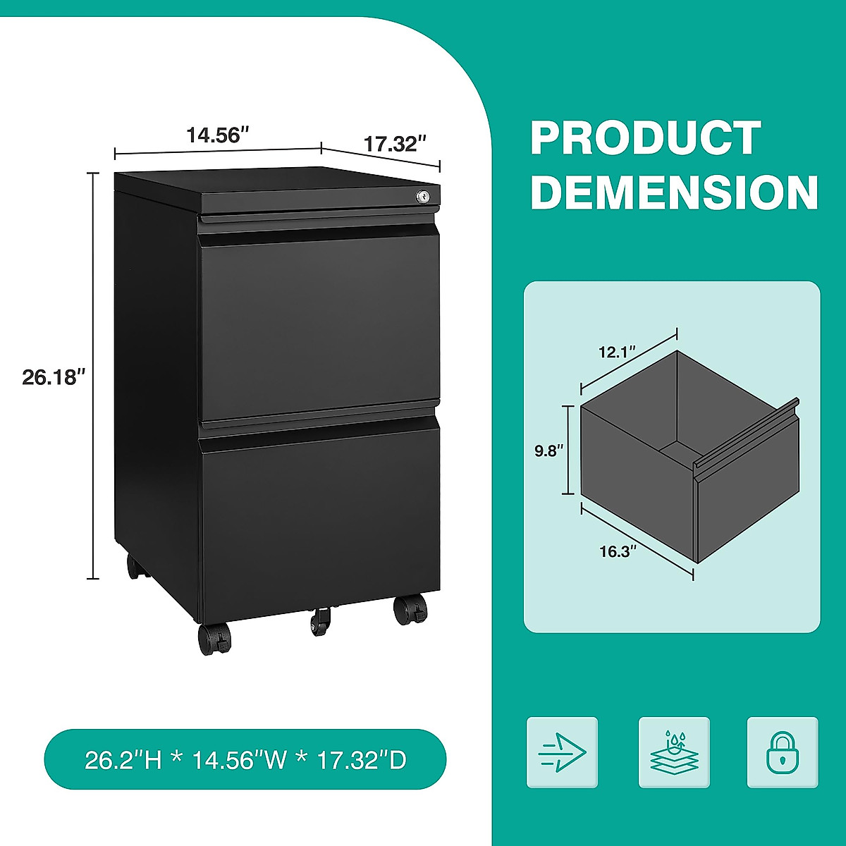 SISESOL 2 Drawer File Cabinet on Wheels,Metal Filing Cabinet with Lock,Black Rolling File Cabinets,Under Desk Office Cabinets for Home Office,Fit A4/Letter/Legal