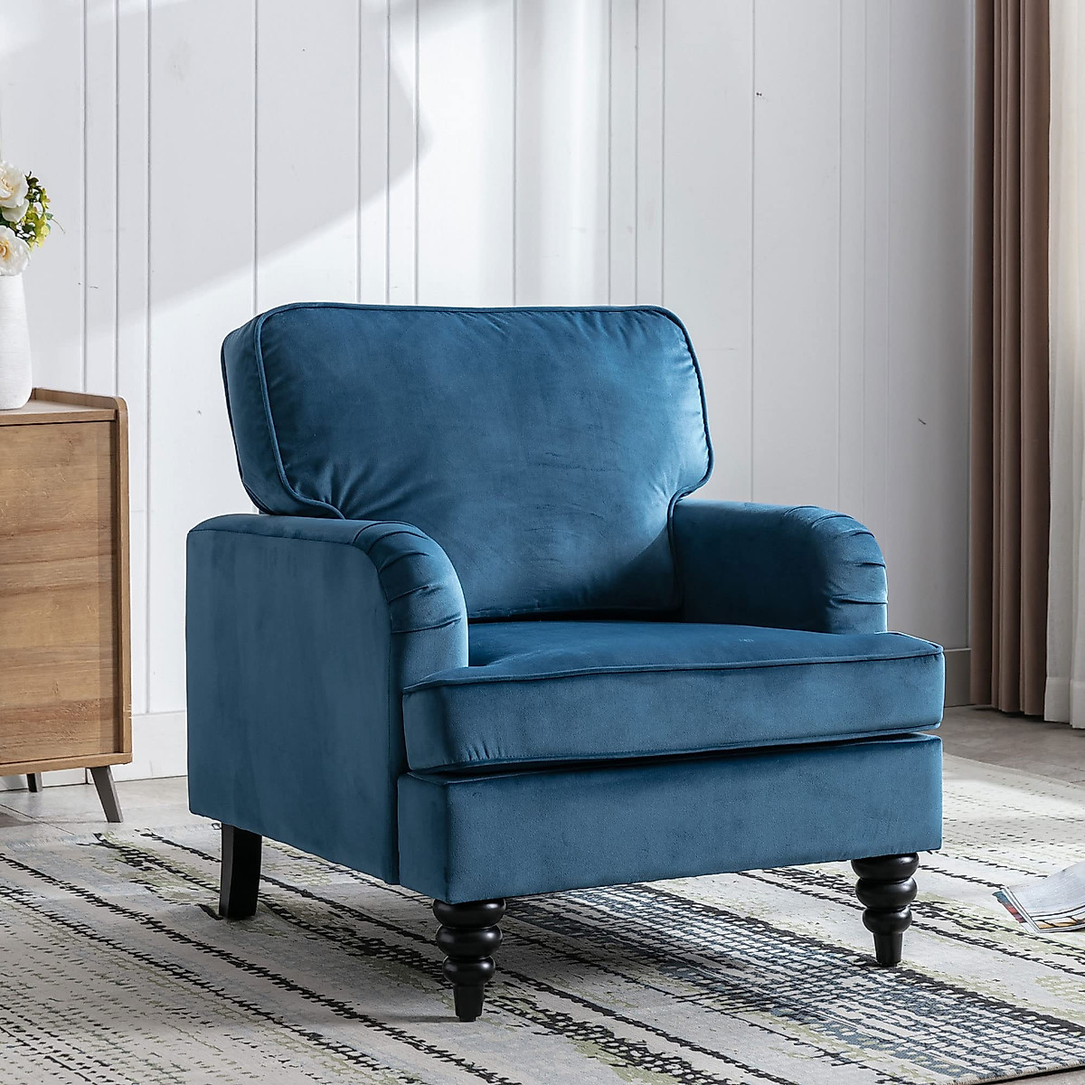 DM Furniture Midcentury Modern Accent Chair Velvet Arm Chairs Comfy Reading Chair Single Sofa Couch for Bedroom/Living Room/Salon, Light Blue