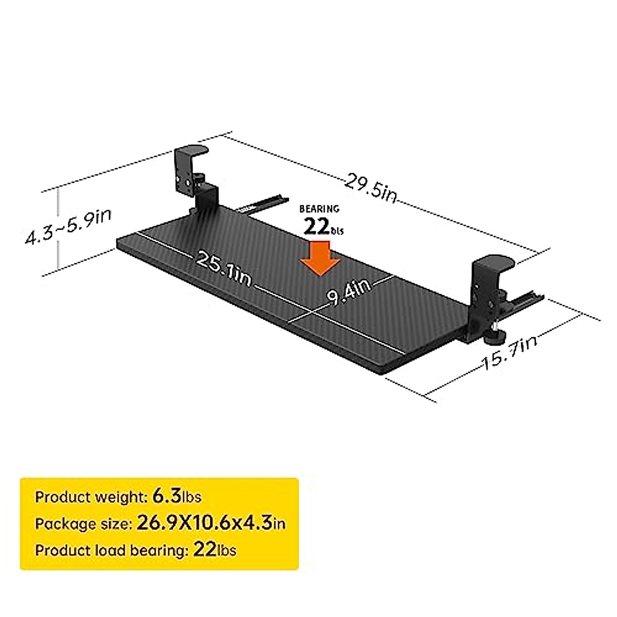 alfd suoke Keyboard Tray Under Desk, Pull out Keyboard & Mouse Tray with Sturdy C-Clamp, Slide Out Keyboard Platform, Adjustable Height Keyboard Drawer, 29.5'' x 9.4''