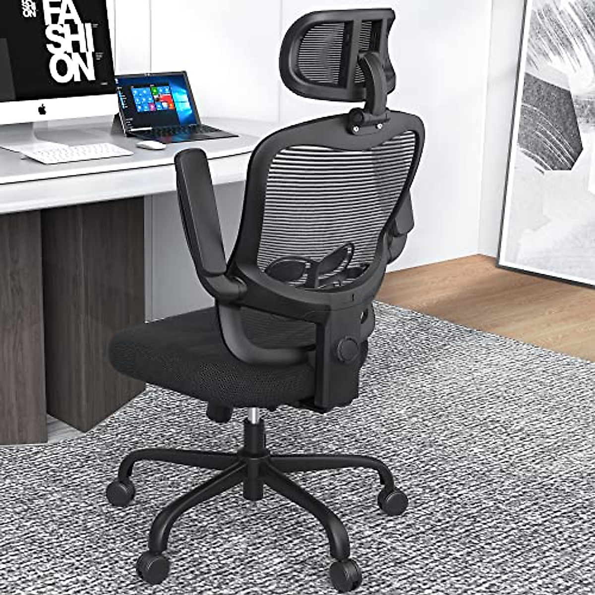 LANDOMIA Ergonomic Office Desk Chair - Mesh Office Chair with Flip up Arms & Adjustable Back Height - Comfortable Computer Task Chairs with Lumbar Support for Heavy People