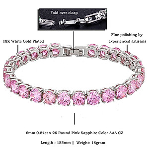 RIZILIA Round Cut Simulated Pink Sapphire CZ 18K Gold Plated Tennis Bracelet, 7"