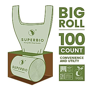 SUPERBIO 2.6 Gallon Compostable Handle Tie Garbage Bags, 100 Count, 1 Pack, Kitchen Trash Bag With Handle, Food Scrap Small Bags Certified by BPI and OK Compost Meeting ASTM D6400 Standards