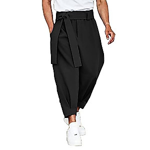 SOMTHRON Men's Harem Cropped Pants Elastic Waist Belted Baggy Bow Tie Beach Yoga Ankle Length Trousers BL-L Black