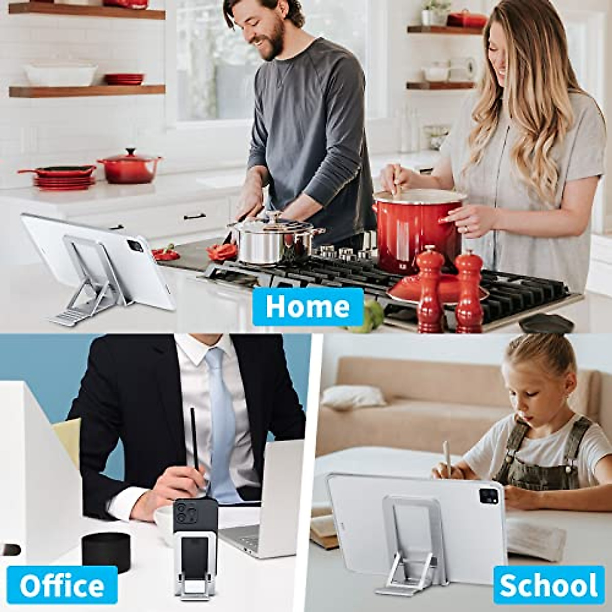 TITACUTE Cell Phone Stand for iPhone 14 Pro Max 13 12 11 XR Samsung A53 S22 S21 S20 Galaxy Z Flip 4 Pixel Aluminum Adjustable Cradle Holder Tablet Kickstand iPad Mini Air Desk Home Office, Silver