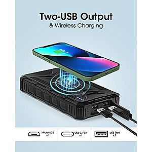 Solar Power Bank 36000mAh, Qi Wireless Charger, DJROLL Solar Charger with Dual USB 15W Output, IP66 Waterproof Powerbank, Flashlights Cell Phone Charger for Camping Outdoor (Black)