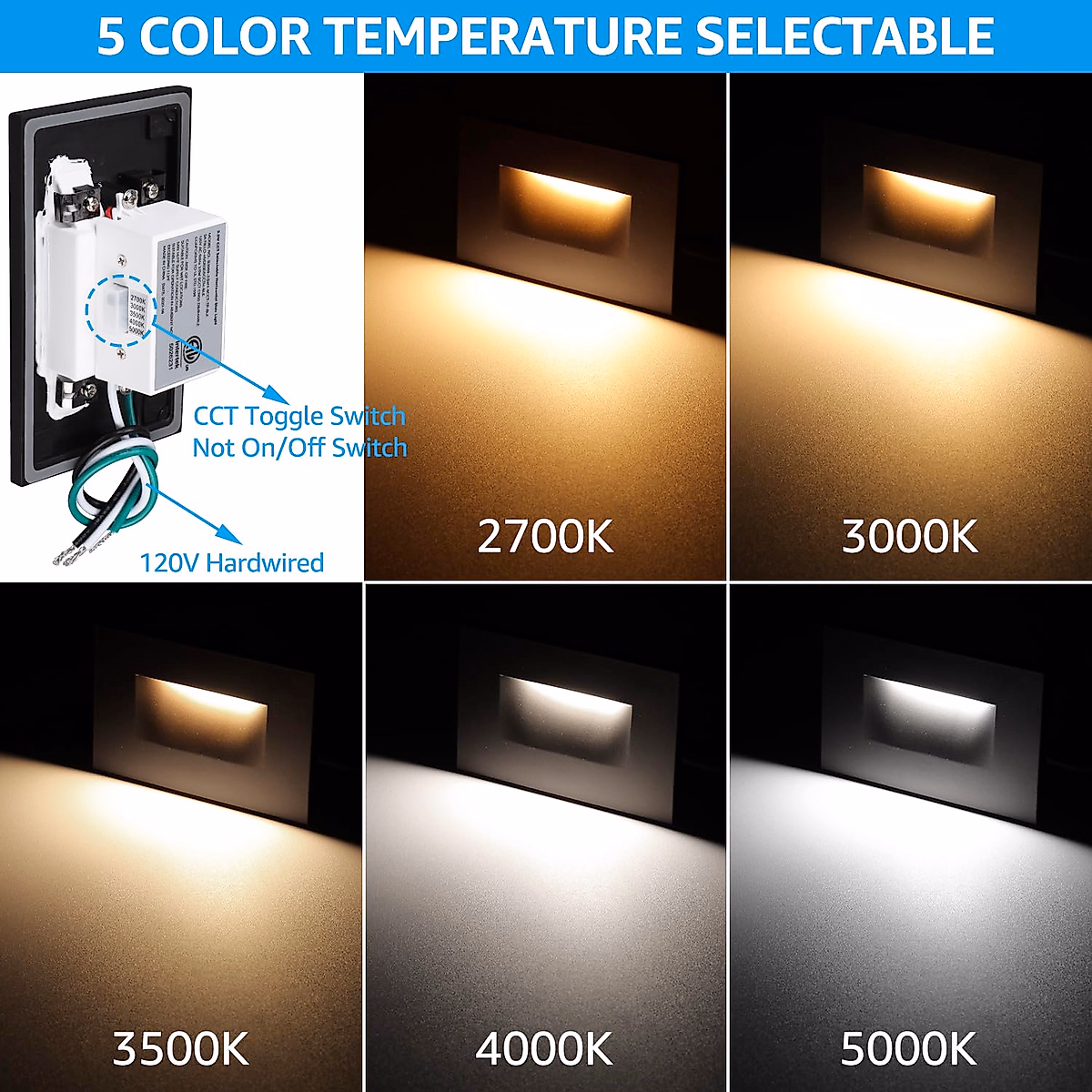 LEONLITE 12-Pack Black 5CCT 120V LED Step Lights, 150LM 5%-100% Dimmable Stair Lights Indoor Outdoor Wet Location, CRI90+ & ETL, 2700K/3000K/3500K/4000K/5000K Aluminum Staircase Lights