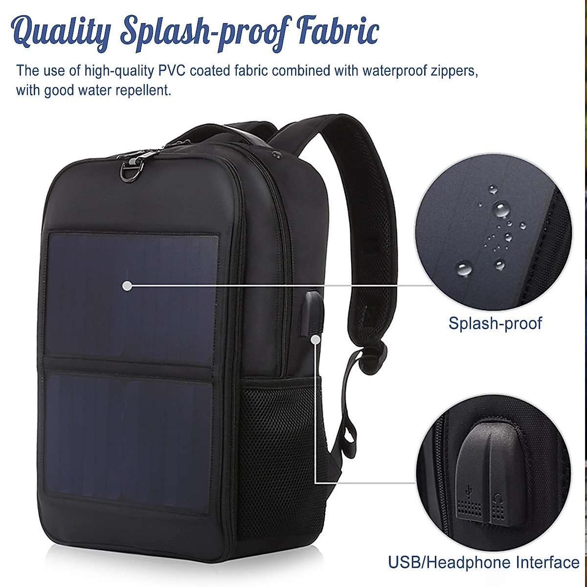 Yoidesu 14W Solar Backpack, Waterproof Solar Panel Power Backpack with Handle and USB Charging Port, Ergonomic Multifunction Laptop Bag Hiking Backpack for Running, Biking, Festivals, Travel