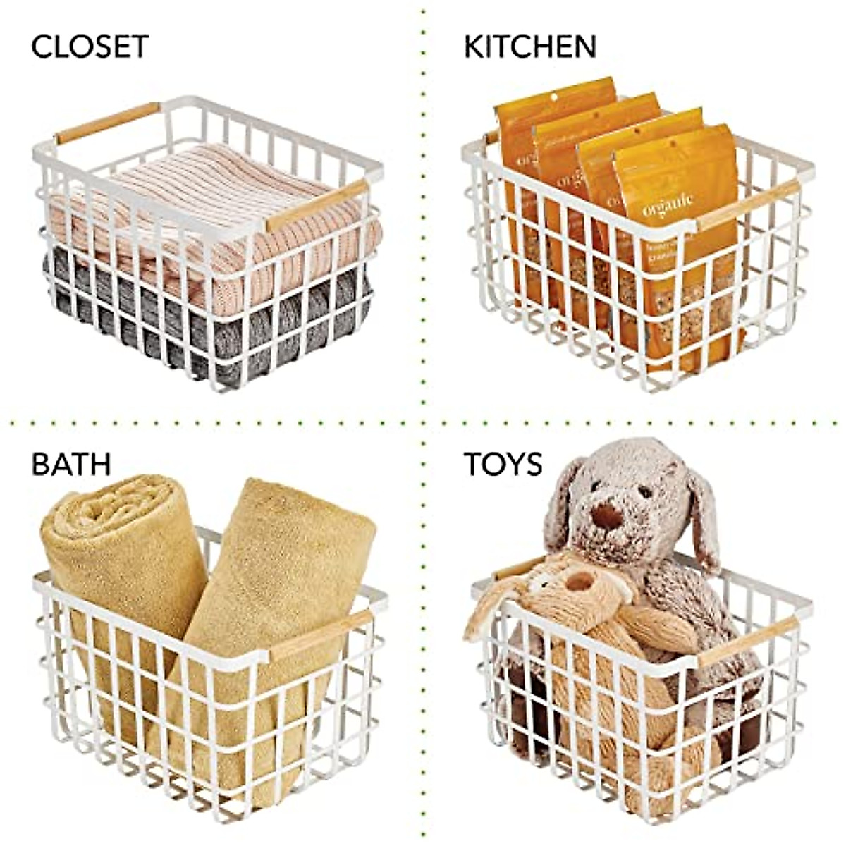 mDesign Metal Wire Closet Storage Basket Bin Organizer with Wood Handles for Bedroom, Bathroom, Mudroom, Entryway, Hallway, or Linen Closet Organization - Yami Collection - 4 Pack, Matte White/Natural