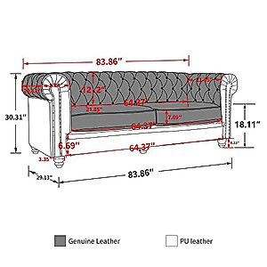 TOOMOO Mid-Century Chesterfield Leather Sofa - Upholstered Sofa Couch with Wood Legs, Button-Tufted for Living Room Bedroom Office (Black)