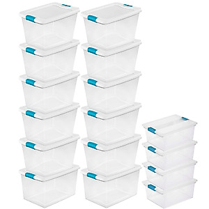 Sterilite 64 Quart Large Latching Stackable Clear Plastic Storage Tote Box, 12 Pack & Deep Clip Container Bins for Organization and Storage, 4 Pack