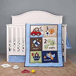 4 PCs Blue Car Theme Nursery Crib Bedding Set Baby Boy Blue Car Thematic Cot Bedding Set 1 Quilt + 1 Skirt + 2 Fitted Sheet