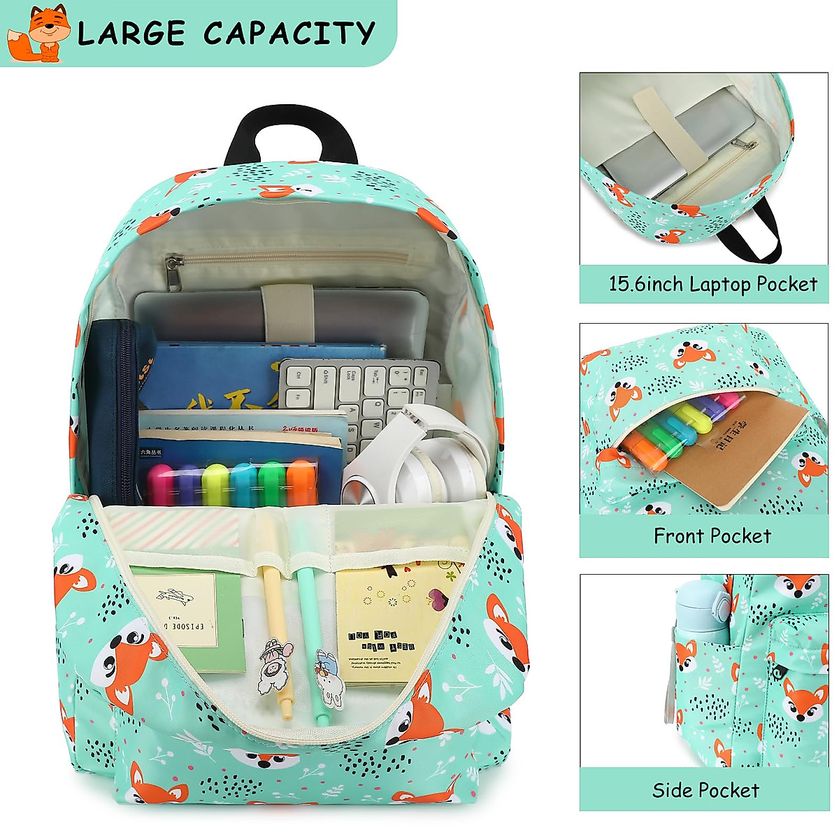 Fuyicat Fox School Backpack Set for Girls, 3-in-1 Kids Teens Elementary Middle School Bags Bookbag with Lunch Bag Pencil Case