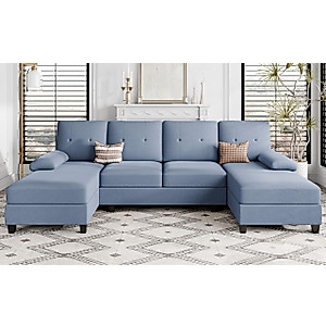 Shintenchi Sectional Couches for Living Room, U Shaped Sofa Couch with Double Chaise, 4-Seat Living Room Furniture Sets with Soft Cushion & Linen Fabric, Blue