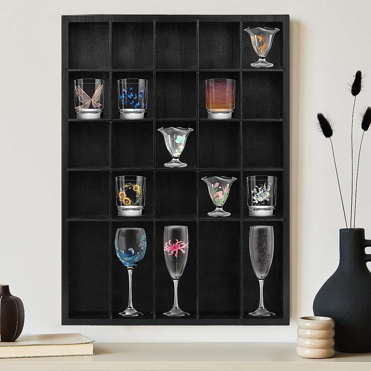 2 Pcs Shot Glass Display Case Black Wooden Shot Glass Holder Display Wall Mounted Shadow Box with Removable Shelves Shot Glasses Shelf Glass Rack Thimble Display Case Shot Glass Storage Case, 30 Slots