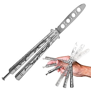 VORNNEX Practice Butterfly knife Trainer with Sure Spring Latch, Full Stainless Steel Black Dull Balisong, Unsharpened Butterfly knives Comb for CSGO Training(Silver)
