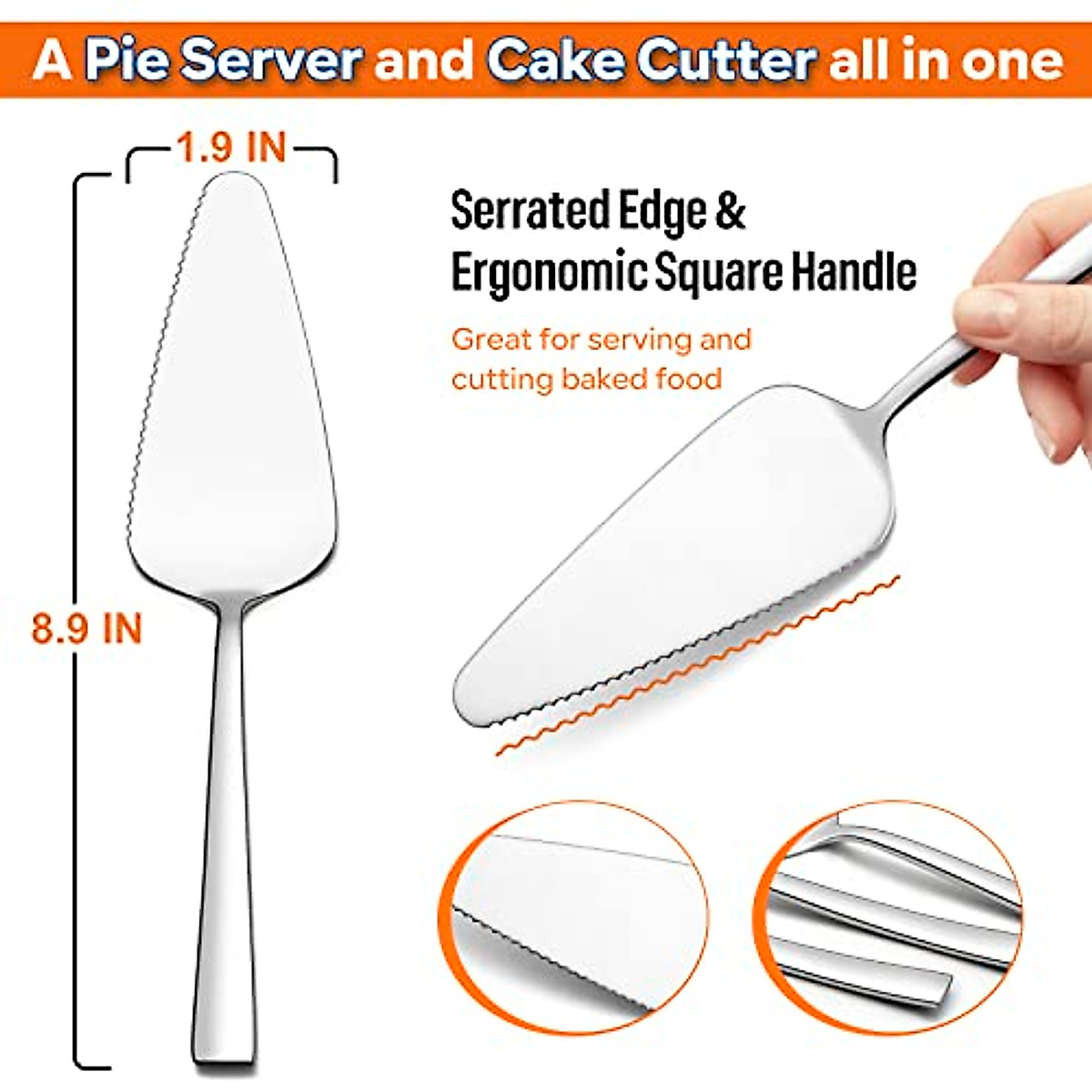 Pie Server Set of 5, E-far 8.9 Inch Stainless Steel Cake Server Cutter for Pastry Cheese Pizza, Serrated Edge with Square Handle, Mirror Polished & Dishwasher Safe