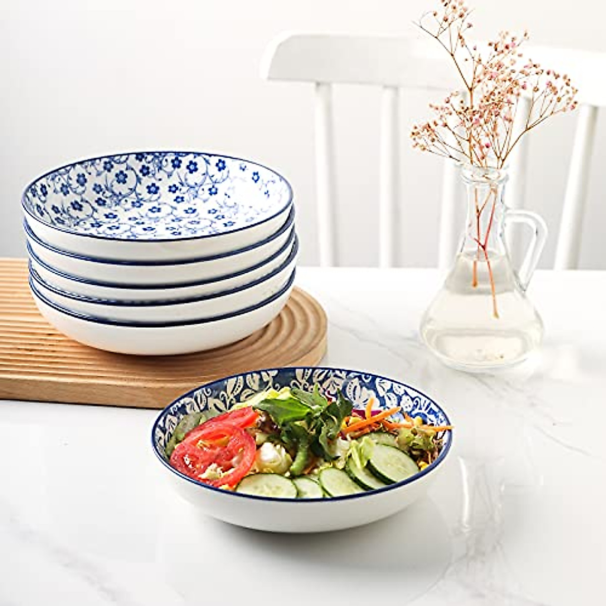 Selamica Porcelain Salad Pasta Bowls, Serving bowls, Microwave & Dishwasher Safe, Sturdy & Stackable - 26 Ounce, Set of 6, Vintage Blue