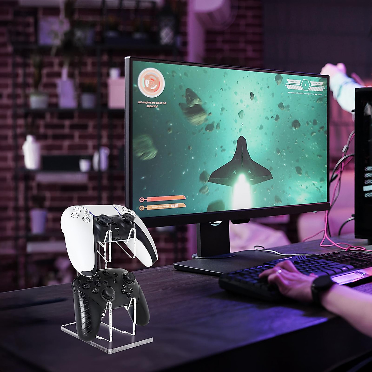 FYY Game Controller Holder 2 Tiers - Universal Dual Controller & Headphone Stand, Acrylic Clear Display Stand Compatible with Nintendo Switch, Xbox, PS5, PS4 - Desk Mounts