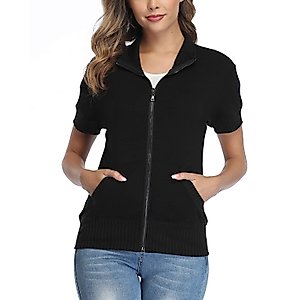 andy & natalie Women's Stand Collar Zip up Short Sleeve Hoodies Jacket Sweatshirts with Pockets Black