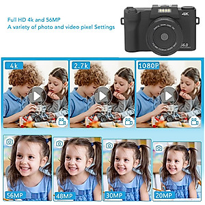 4K Digital Camera for Kids Video 16X 56M Digital Zoom, Compact Point and Shoot Camera, Portable Small Camera for Teens Students Boys Girls Seniors, WiFi, Gifts