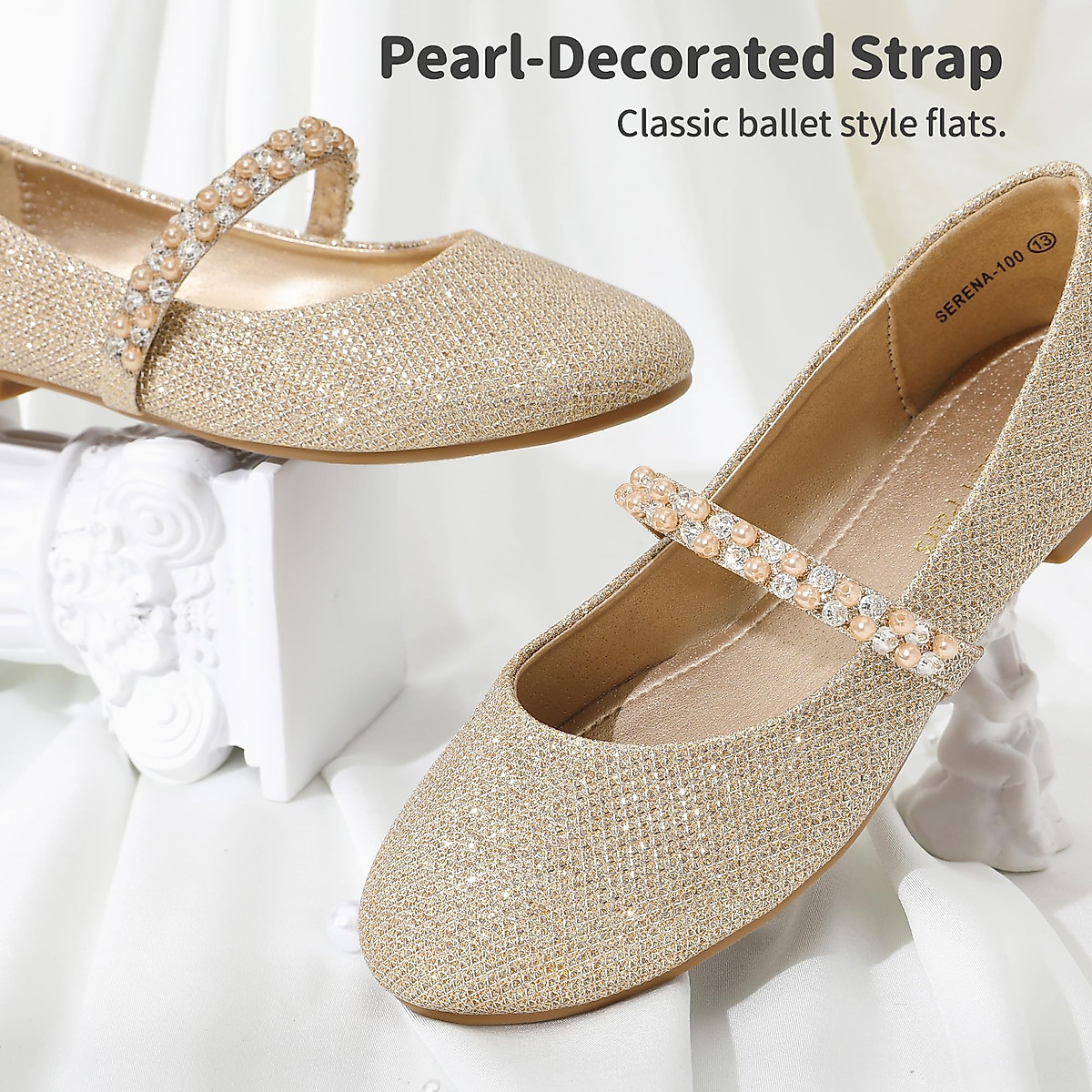 DREAM PAIRS Girls Mary Jane Dress Shoes Ballerina Flats for Wedding, Party,Size 2 Little Kid,Gold/Glitter,SERENA-100-KIDS