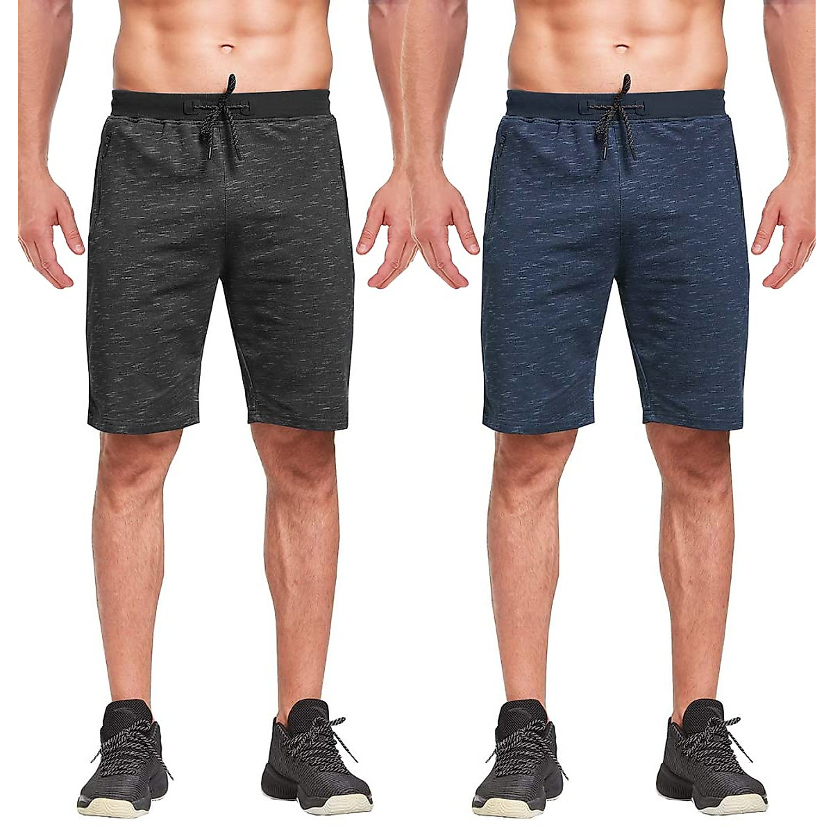 Boyzn Men's 2 Pack Athletic Shorts Comfortable Cotton Workout Shorts Elastic Waist Running Shorts with Zipper Pockets Black/Blue S