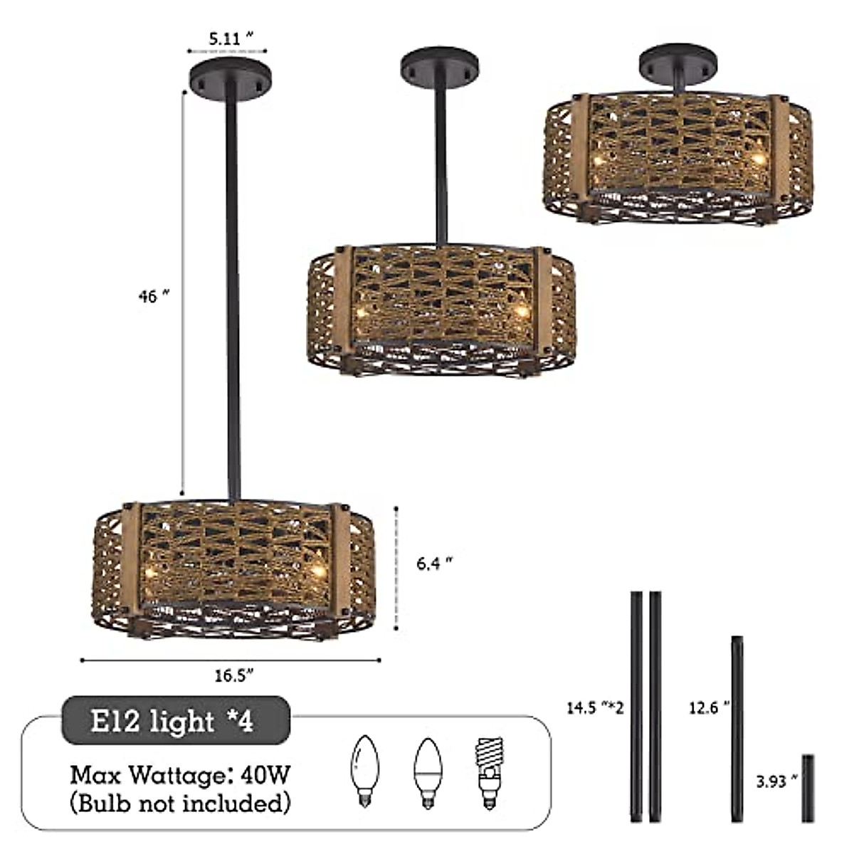 Farmhouse Caged Ceiling Fan with Lights Remote Control, Low Profile Bedroom Ceiling Fans, Industrial 17 Inch Ceiling Fans for Kitchen, Bedroom, Dining Room