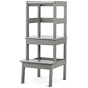 Costzon Kids Kitchen Step Stool with Safety Rail, Wood Standing Tower Learning Stool with Anti-Slip Strips for Children, Toddlers Kitchen Counter Helper Stool for Bathroom