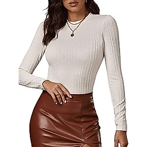 Verdusa Women's Basic Mock Neck Slim Fitted Pullovers Long Sleeve Tee Tops Cream White Textured S