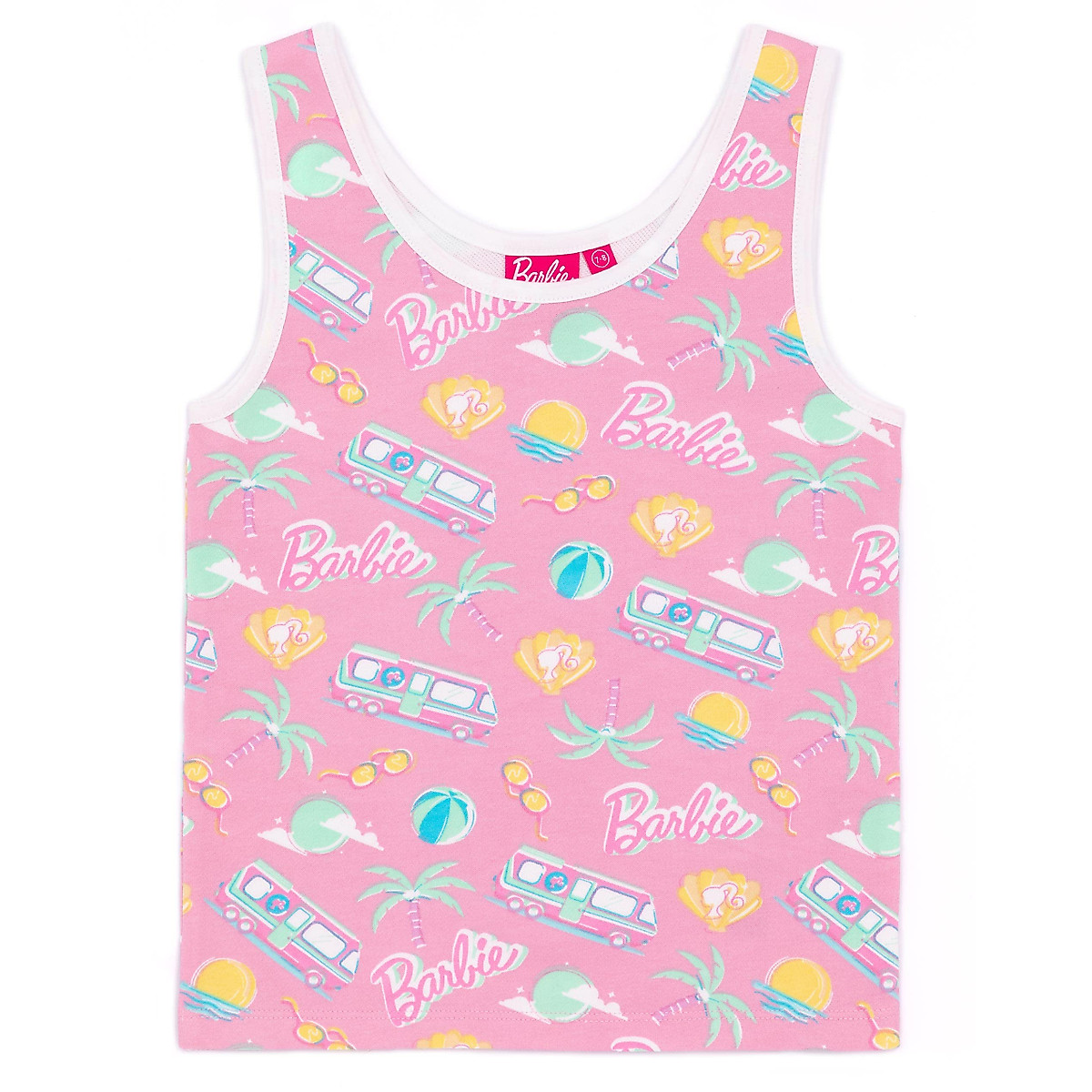 Barbie Girls 2 Piece Co-Ord | Kids Pink All Over Print Vest & Shorts Set | Palm Trees Sunglasses Summer Holiday Beach Daywear