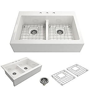 BOCCHI Nuova Apron Front Drop-In Fireclay 34 in. 50/50 Double Bowl Kitchen Sink with Protective Bottom Grids and Strainers in White