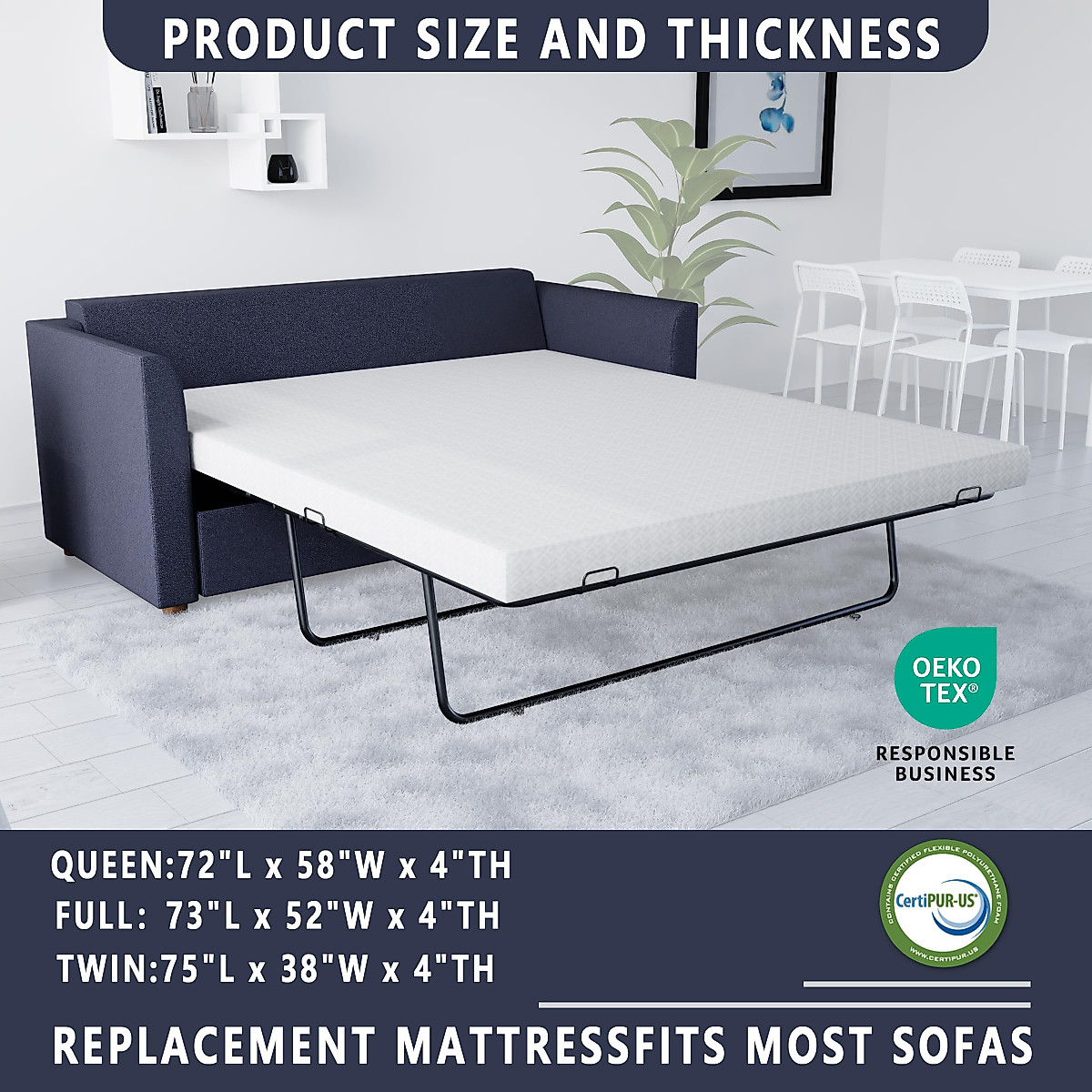 wilzealan 4 Inch Memory Foam Replacement Mattress for Sleeper Sofa and Couch Beds,Queen Size,CertiPUR-US Certified,Washable Cover(Sofa Not Included) Generic Dimensions