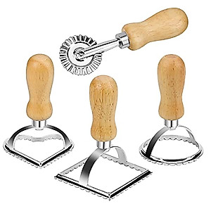 TACGEA Ravioli Stamp Maker Cutter with Roller Wheel (Set of 4), Wooden Handle and Fluted Edge, for Ravioli, Pasta, Dumplings Lasagna, Pierogi