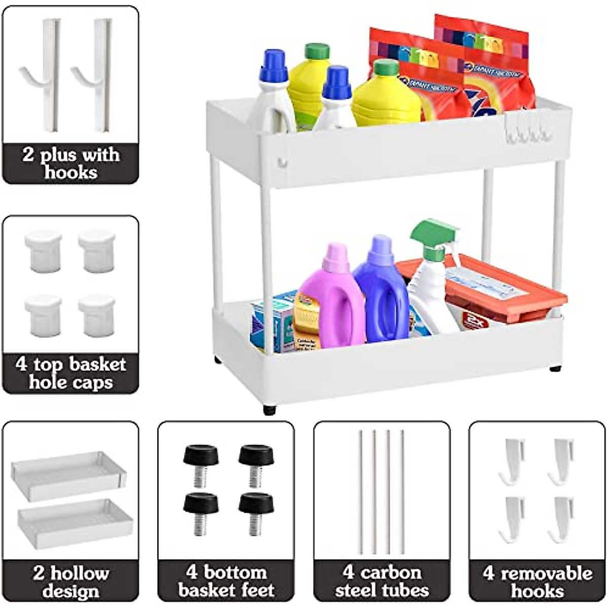 C&AHOME Under Sink Organizers, 2-Tier Kitchen Bathroom Storage Cabinet with Hooks, Counter top Storage Rack, Cabinet Organizer Baskets, Multipurpose Storage Shelf Ideal for Kitchen, Bathroom, White