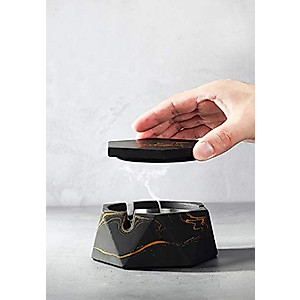 FREELOVE Concrete Ashtray with Lid & Stainless Steel Ashtrays for Cigarettes, Accelerated Cement Ash Tray Raw Weed Smoking Holders Indoor Outdoor Patio Home Office Cool Geometry Decor, Black-Gold A