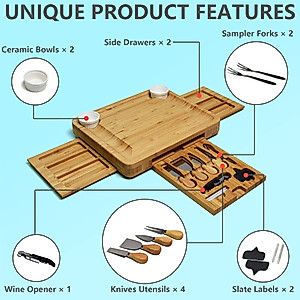 HEITICUP Large Charcuterie Boards and Knife Set, Bamboo Cheese Board Unique Christmas Gifts, House Warming Gifts, Wedding Registry Items Birthday Gifts for Women