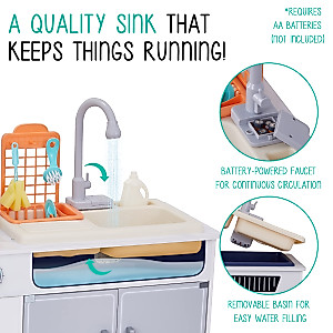 Lil' Jumbl Jumbl Kids Wooden Kitchen Set, Pretend Working Sink with Real Running Water, includes Range Hood, Microwave & Stove Top That Make Realistic Sound & Light, Full Accessory Set Included