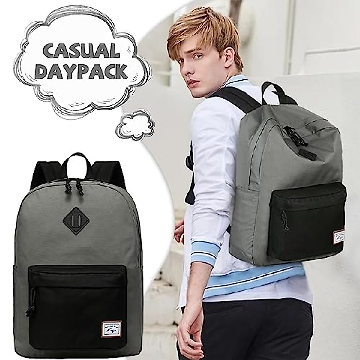 Kasqo Lightweight School Backpack, Water-Resistant Casual College Bookbag for Men Women Teen Girls Boys, Gray and Black