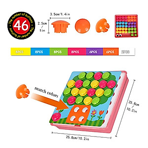 EINSTEM Button Art Toddler Toys Age 3+ Year Old, Early Learning Educational Montessori Toys Color Matching Games Mosaic Pegboard for Boys & Girls Gifts, 10 Pictures 46 Buttons and Pink Storage Box