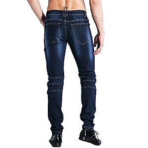 ZLZ Blue Biker Jeans for Men Slim Fit, Men's Comfy Stretch Ripped Distressed Biker Jeans Pants Rock, Designer Jeans, Size 34
