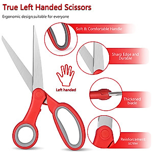Balaipor Left Handed Scissors, 8" All Purpose Lefty Stainless Steel Scissors for Adults School Student Kids, Great for Craft, Office, Sewing, Fabric, Red (1 Pack)