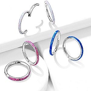 Pierced Owl 16GA G23 Implant Grade Titanium Synthetic Opal Lined Outer Hoop Cartilage Helix Conch Hinged Segment Ring (White, 8mm Diameter)