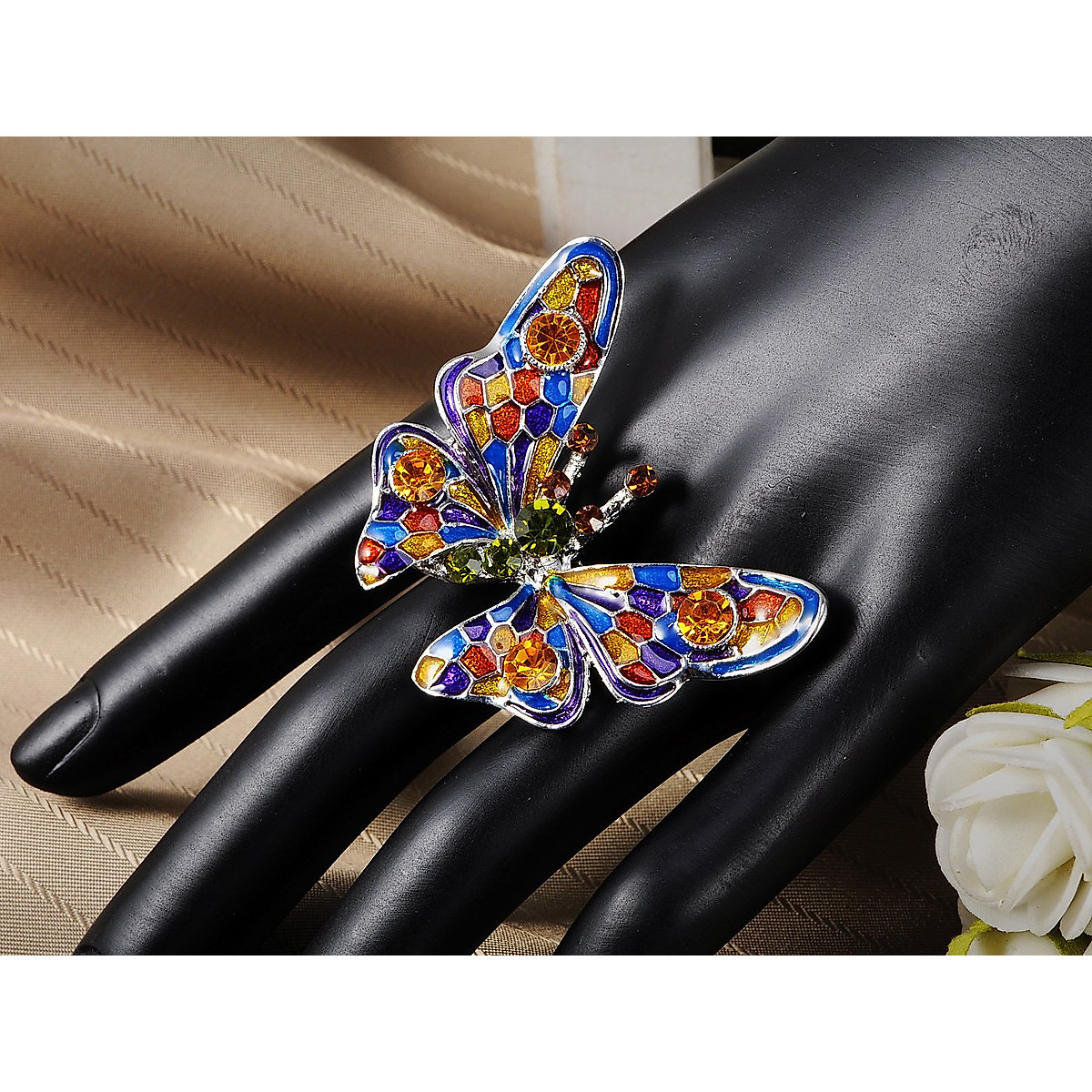 Alilang Womens Silvery Tone Sparkle Colorful Crystal Rhinestone Enamel Butterfly Bug Adjustable Ring