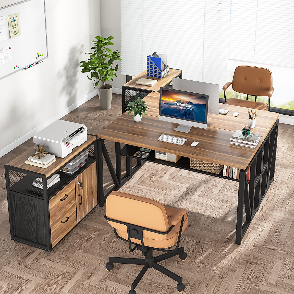 Tribesigns Desk with Drawer, 55" Long Computer Desk with Storage Rack and Mobile Document Cabinet, Home Office Furniture Set Executive Desk (Brown, 55" (Brown, 55)