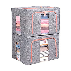 Tasmegol 2 Pack 66L Foldable Clothes Storage Bins Box Stackable Metal Frame Closet Organizer with Clear Windows Carry Handles Linen Fabric Containers Bags for Beddings/Quilt