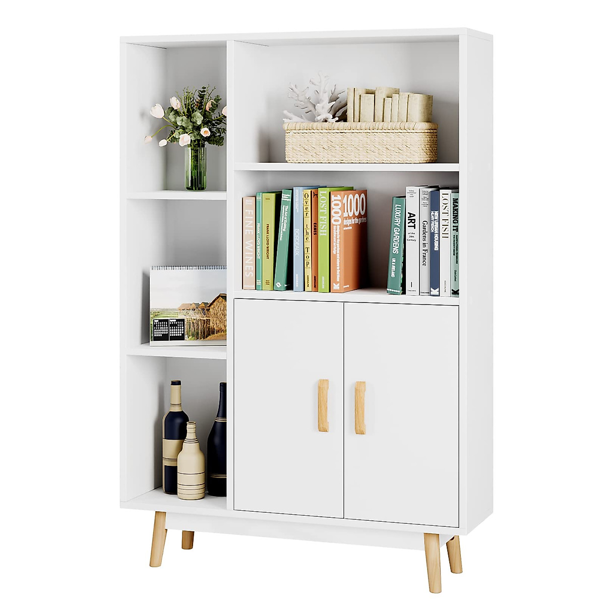 FOTOSOK Floor Storage Cabinet with 2 Shelves and 3 Cubes, Bookcase with Doors, Bookshelf Cabinet with Legs for Kitchen, Living Room and Home Office, White