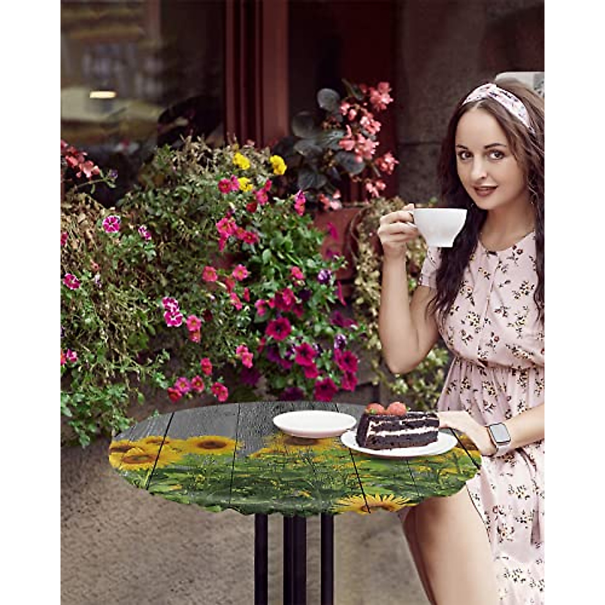 Big buy store Elastic Edged Waterproof Tablecloth Round Sunflower Plant Garden Reusable Wipeable Table Cover Wooden Plank Washable Oil-Proof Fitted Table Cover up up to 55"- 60" Round Tables