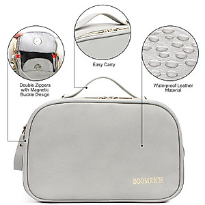 BOOMRICH Large Travel Makeup Bag, Cosmetic Bag, Toiletry Bag for Women, Water-Resistant Leather Toiletry Organizer, Dopp Kit for Toiletries Accessories, Blue Grey