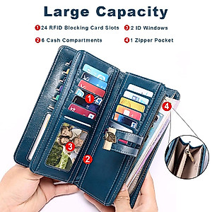 HUANLANG Women Wallets Large Ladies Leather Wallet with Coin Pocket RFID Wallet Organizer for Women with Wrist Strap (Blue Leaf)