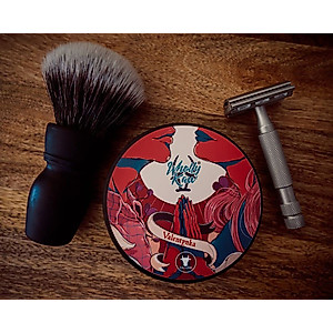 Valentynka Tallow Shaving Soap. Enriched with Donkey Milk, Water Buffalo Milk, Whey Proteins, Omega 3, Omega 6, Hops Extract. Canadian Fir, Leather, Orange, Jasmine, Sugar, Amber, Saffron, Cedarwood